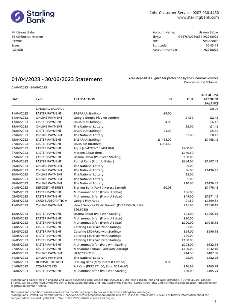 Starling Bank Statement: Apr-Jun 2023 | PDF | Financial Services | Business