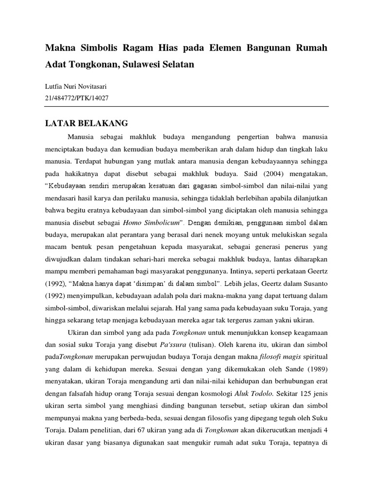 Makna Simbolis Ragam Hias pada Elemen Bangunan Rumah Adat Tongkonan, Sulawesi Selatan | PDF