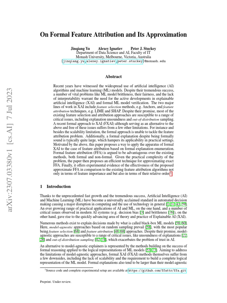 On Formal Feature Attribution And Its Approximation Pdf Machine Learning Artificial