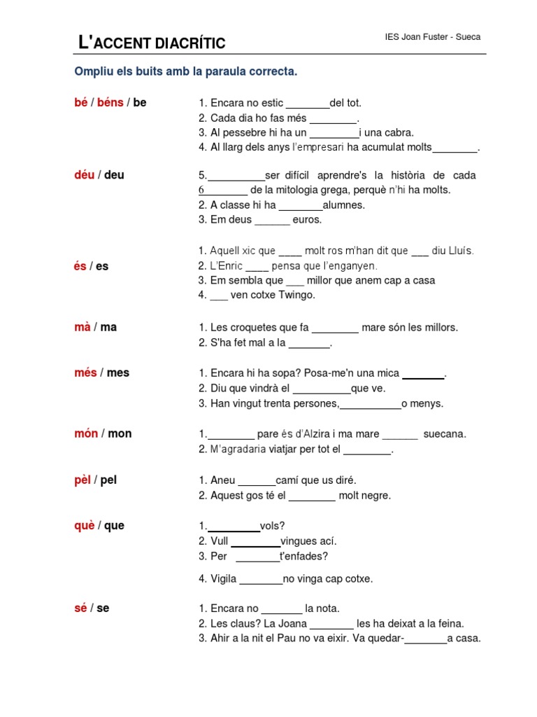 15 Accents Diacrítics - Activitat | PDF