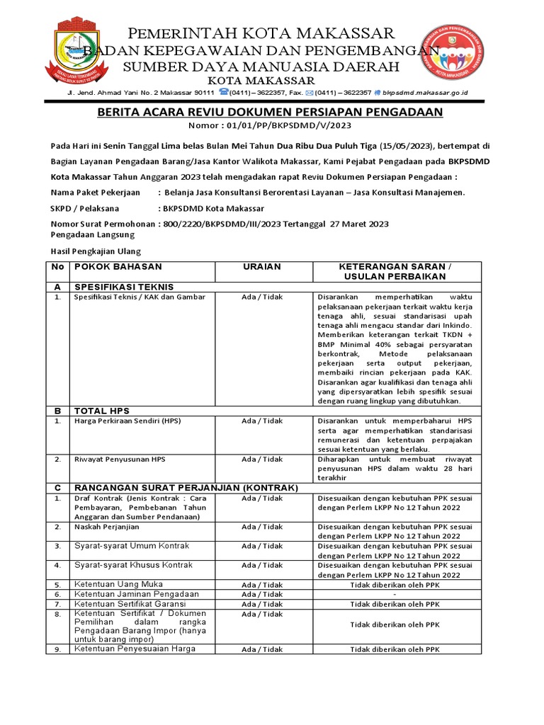 BERITA ACARA REVIU DOKUMEN PERSIAPAN PENGADAAN (1) | PDF