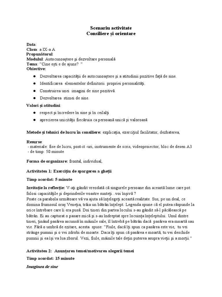 Scenariu de Activitate Imaginea de Sine | PDF
