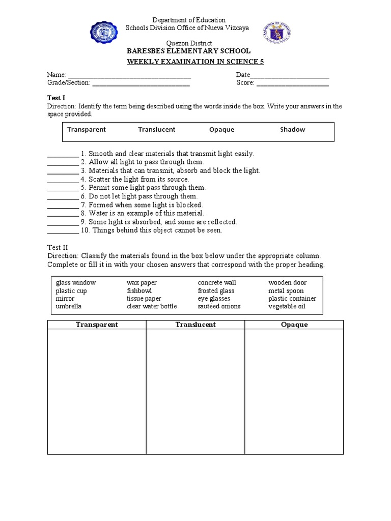 Weekly Test Science 5 Week 5 | PDF