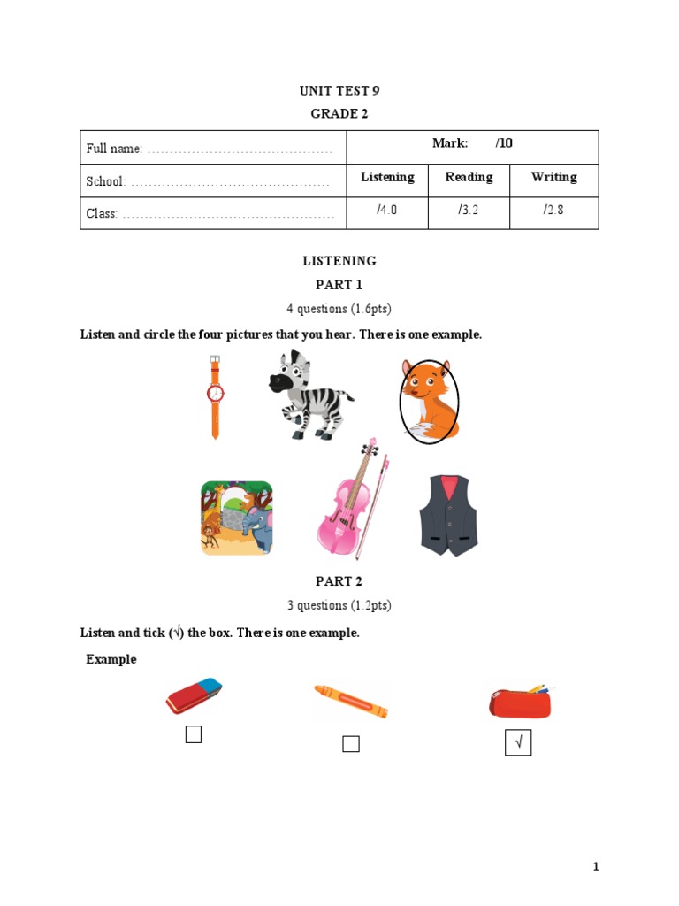 Unit 9 Test for Grade 2 English | PDF