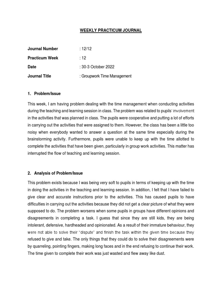 Practicum Journal Week 12 | PDF | Teachers | Teaching Method