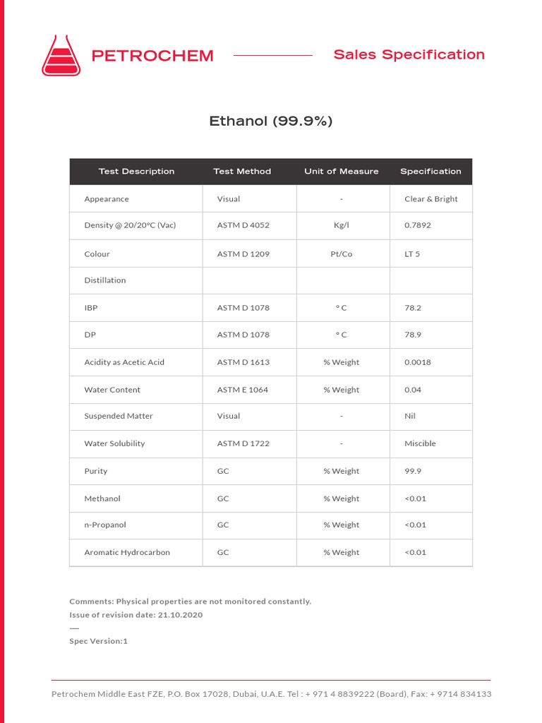 Ethanol 99.9% Sales Specification | PDF