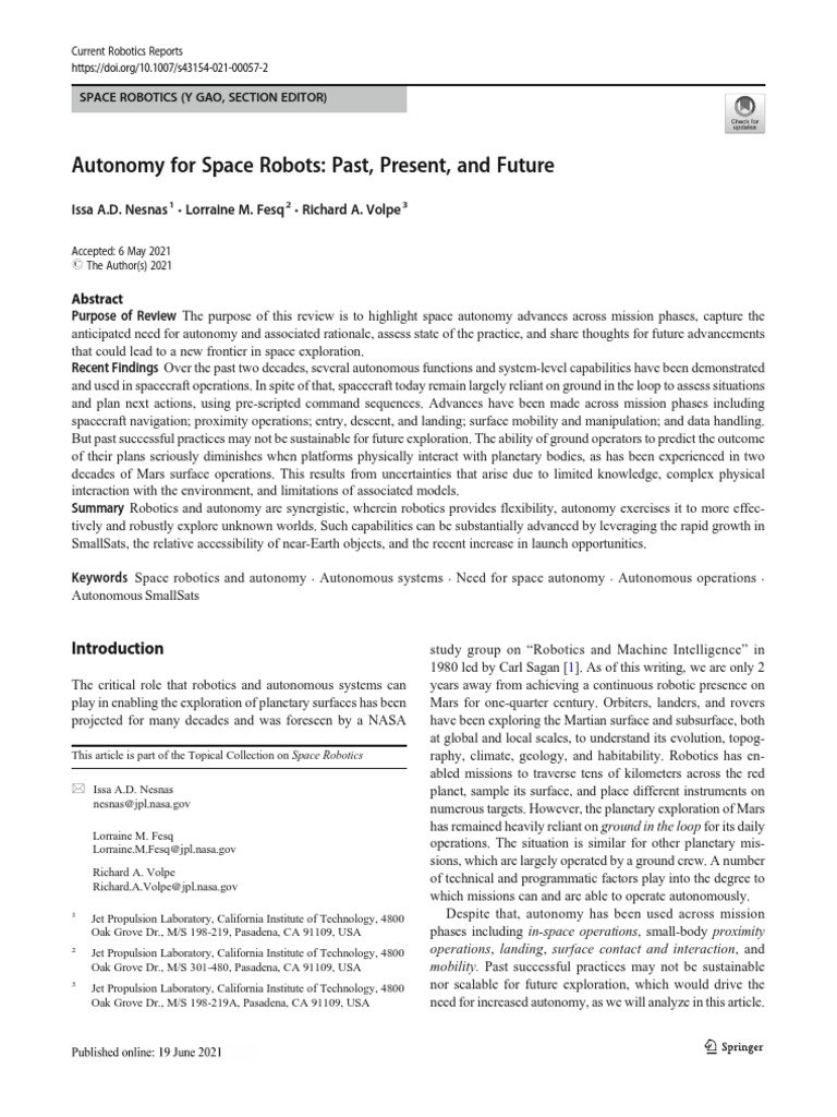 Autonomy For Space Robots Past Present and Future | PDF
