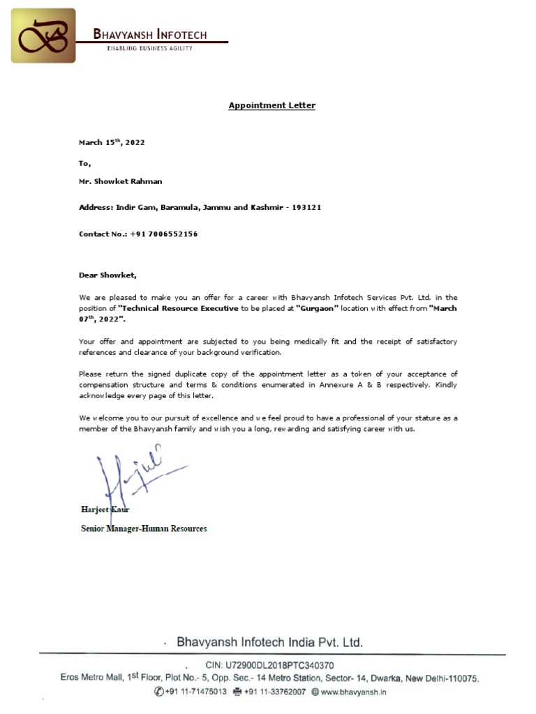 Appointment Letter - Showket Rahman | PDF | Employment | Conflict Of ...