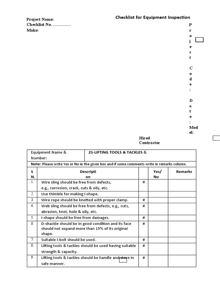 Lifting Tools Inspection Checklist | PDF | Manufactured Goods | Equipment