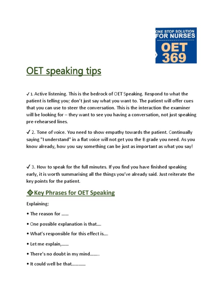 OET369 Speaking Tips | PDF