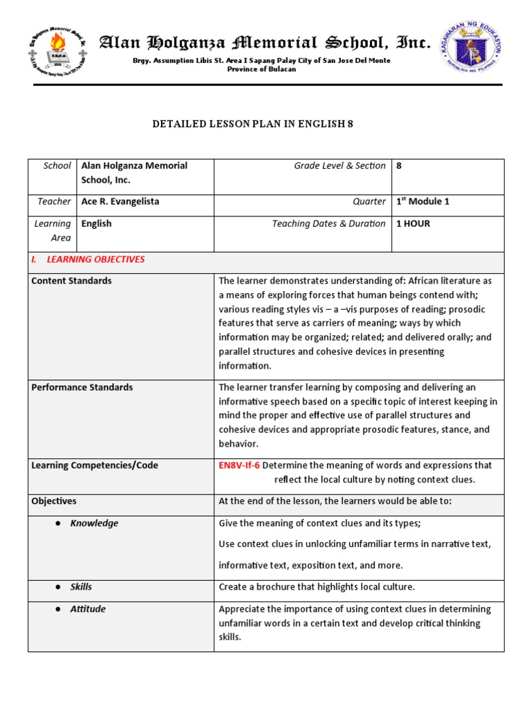 LP - Noting Context Clues - Grade 8 English | PDF | Learning | Teachers