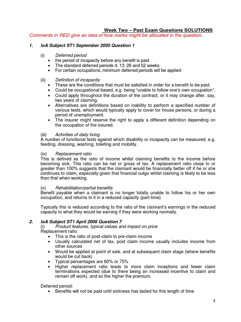 ST1 PastQus Wk02 Solutions | PDF | Insurance | Welfare