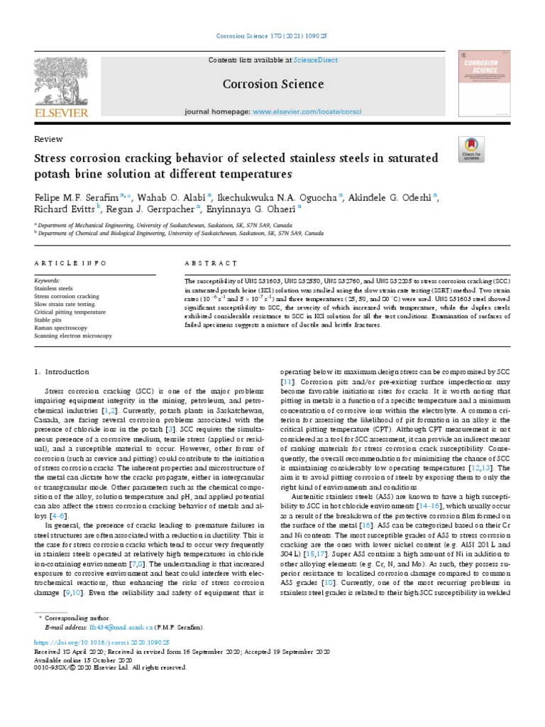 Stress Corrosion Cracking Behavior Of Selected Stainless Steels In Saturated Potash Brine