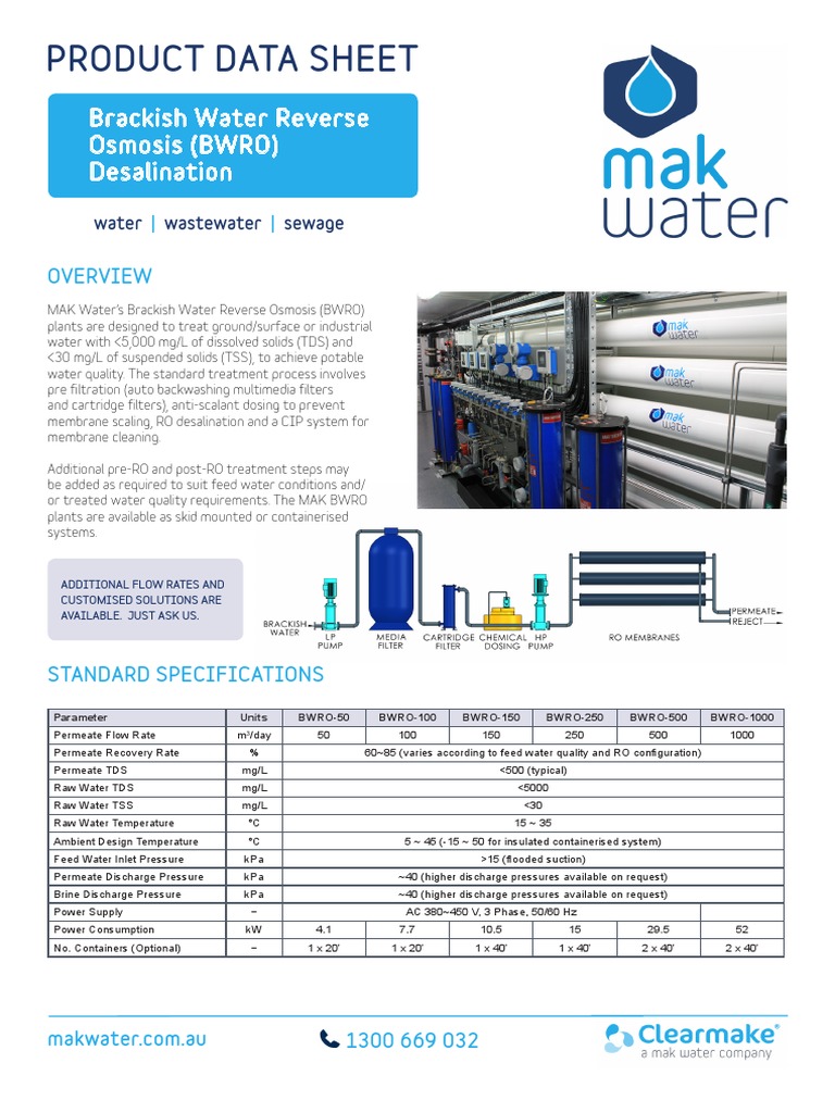 MAK WATER - PDS Brackish Water Reverse Osmosis (BWRO) | PDF | Membrane ...