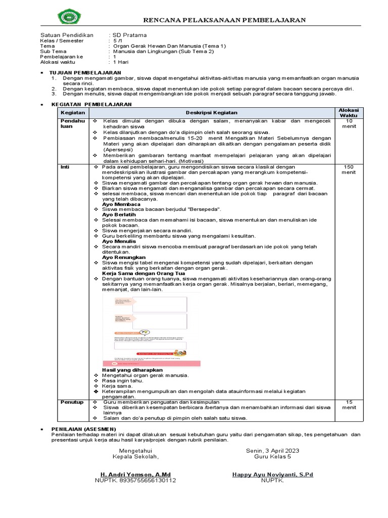 RPP 1 Lembar (Tema 1 Sub 2) | PDF
