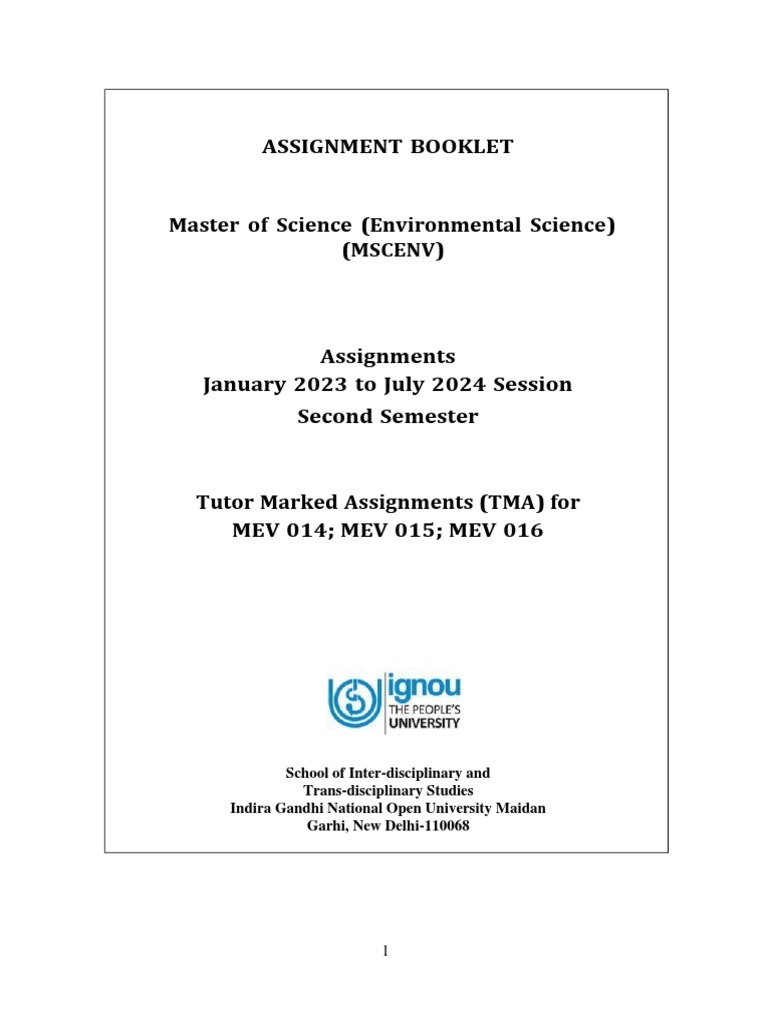 ASSIGNMENT BOOKLET MSCENV II Semester - MEV 014 - MEV 015 - MEV 016 | PDF