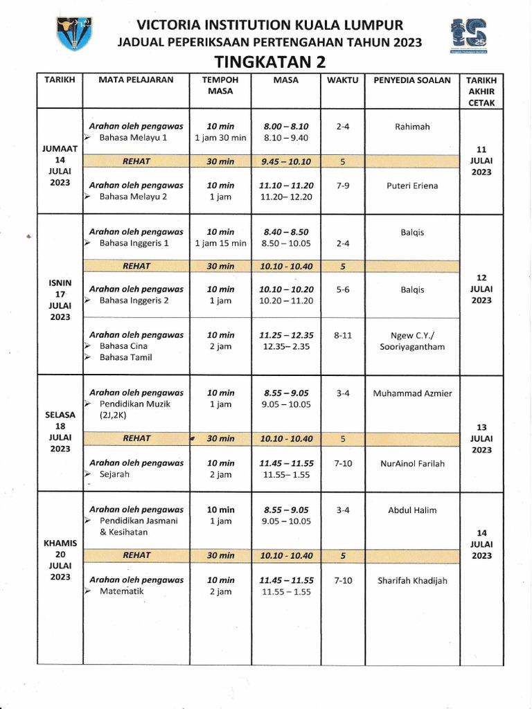 Jadual Peperiksaan Pertengahan 2023 | PDF