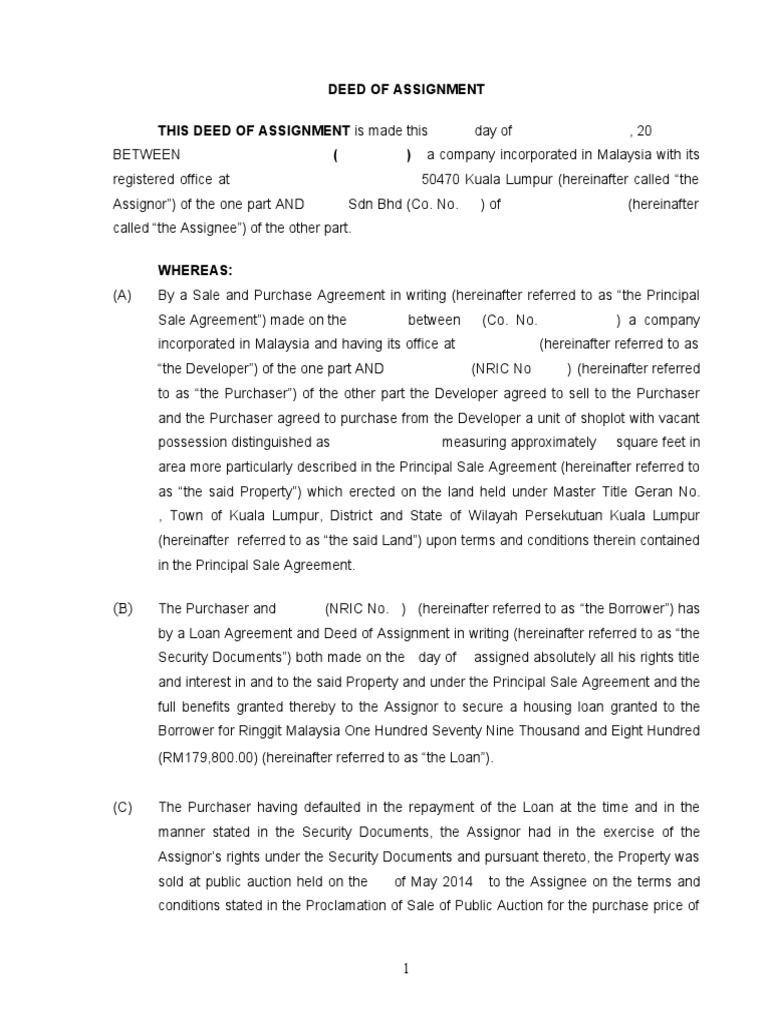 DEED of ASSIGNMENT For Auction Property | PDF | Assignment (Law) | Deed