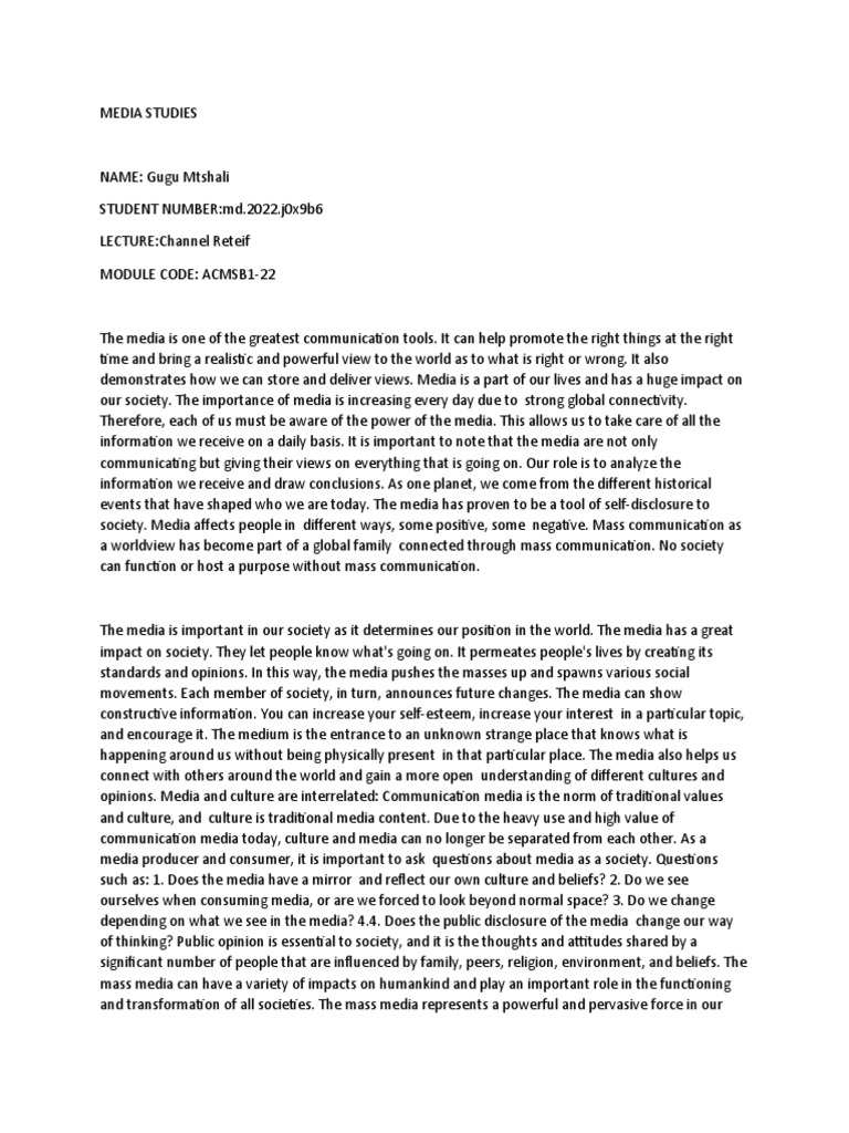 Media Assignment Pdf Media Communication Ideologies