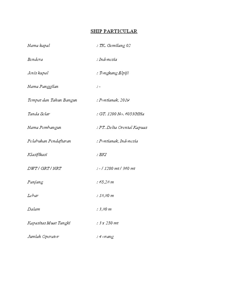 Ship Particular Tk. Gemilang 02 | PDF