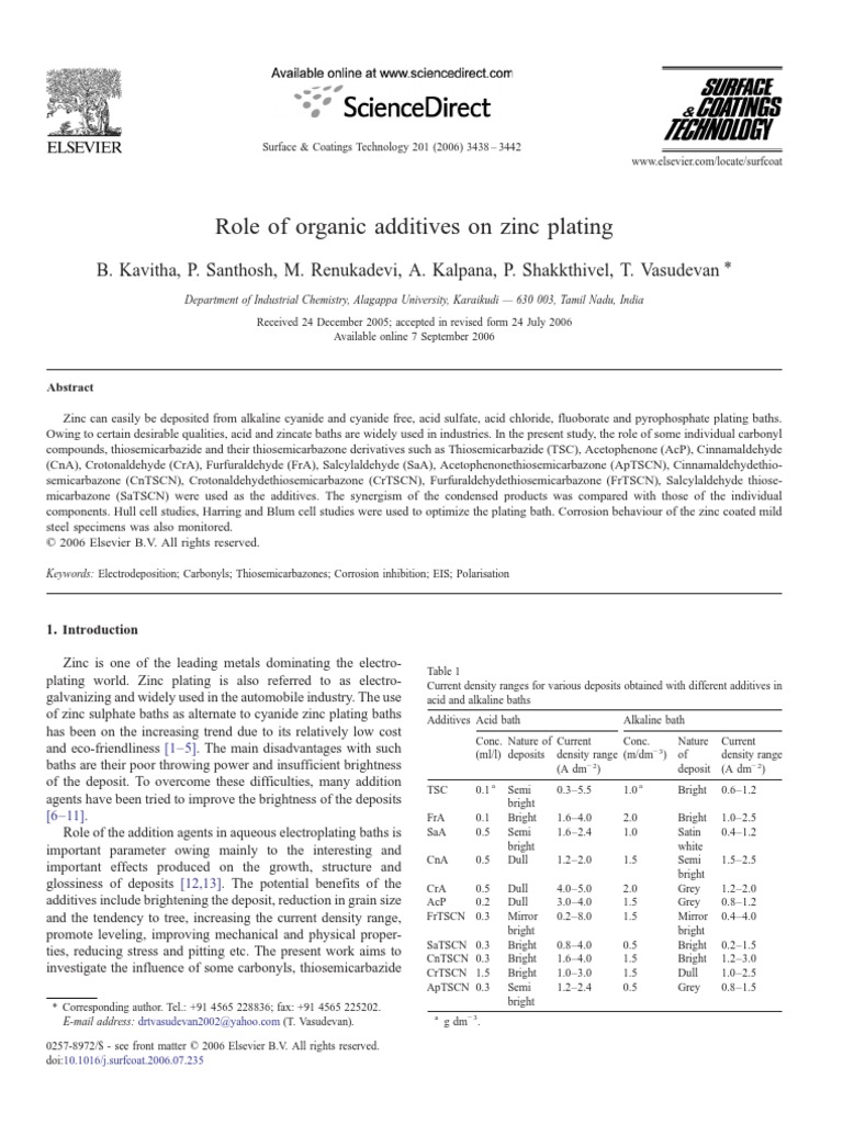 Role of Organic Additives On Zinc Plating | PDF | Corrosion | Zinc