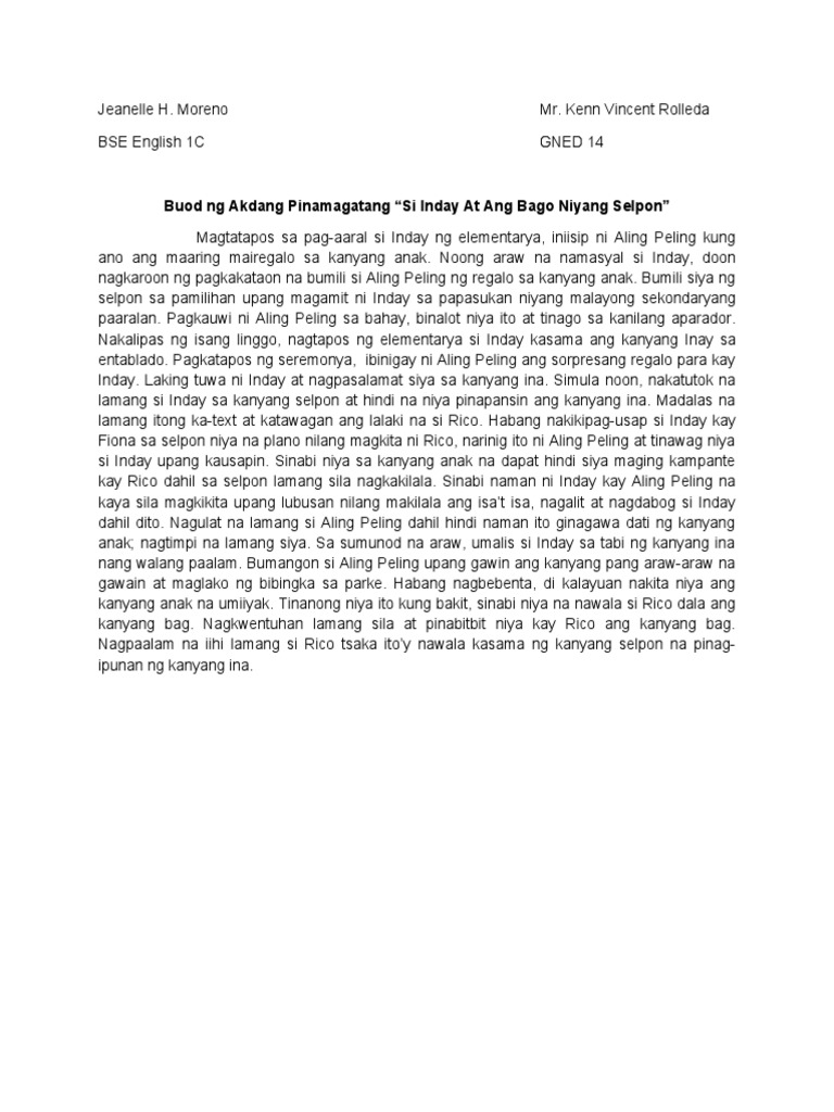 Inday at Ang Kanyang Selpon Buod at Interpretasyon | PDF