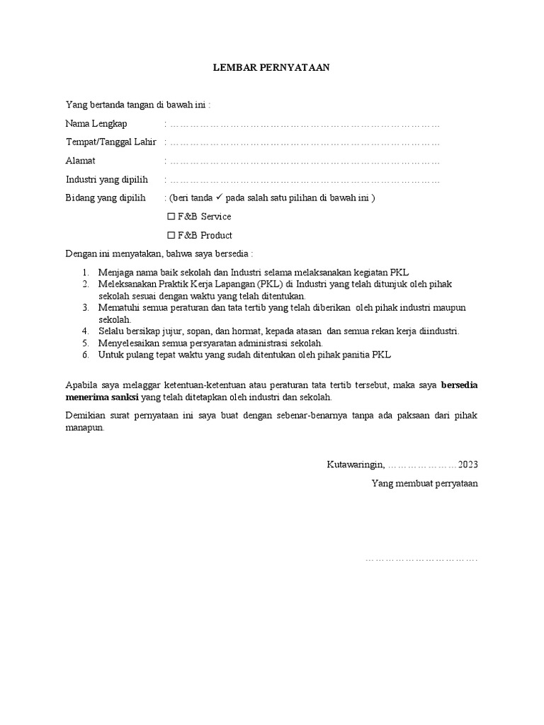 Lembar Pernyataan PKL 2023 | PDF