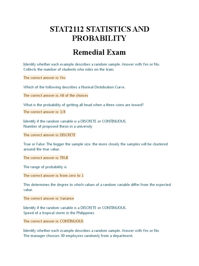 STAT2112 STATISTICS AND PROBABILITY Remedial Exam WEWO! | PDF