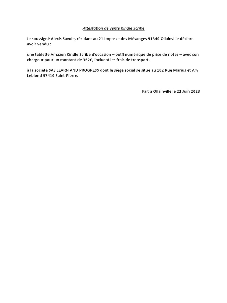 Attestation De Vente Modele