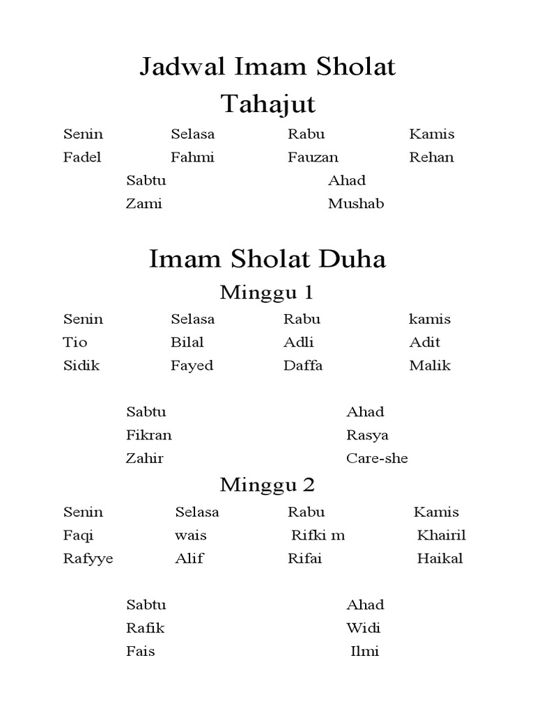 Jadwal Imam Sholat | PDF