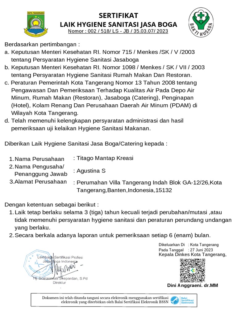 Laik Sanitasi Hygiene Dinkes Kota Tangerang | PDF