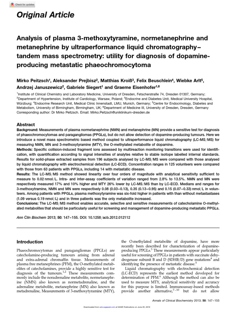 Analysis of Plasma 3-Methoxytyramine, Normetanephrine and | PDF | Mass ...