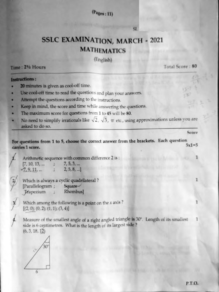 SSLC Exam 2021 Maths Question Paper English Medium | PDF