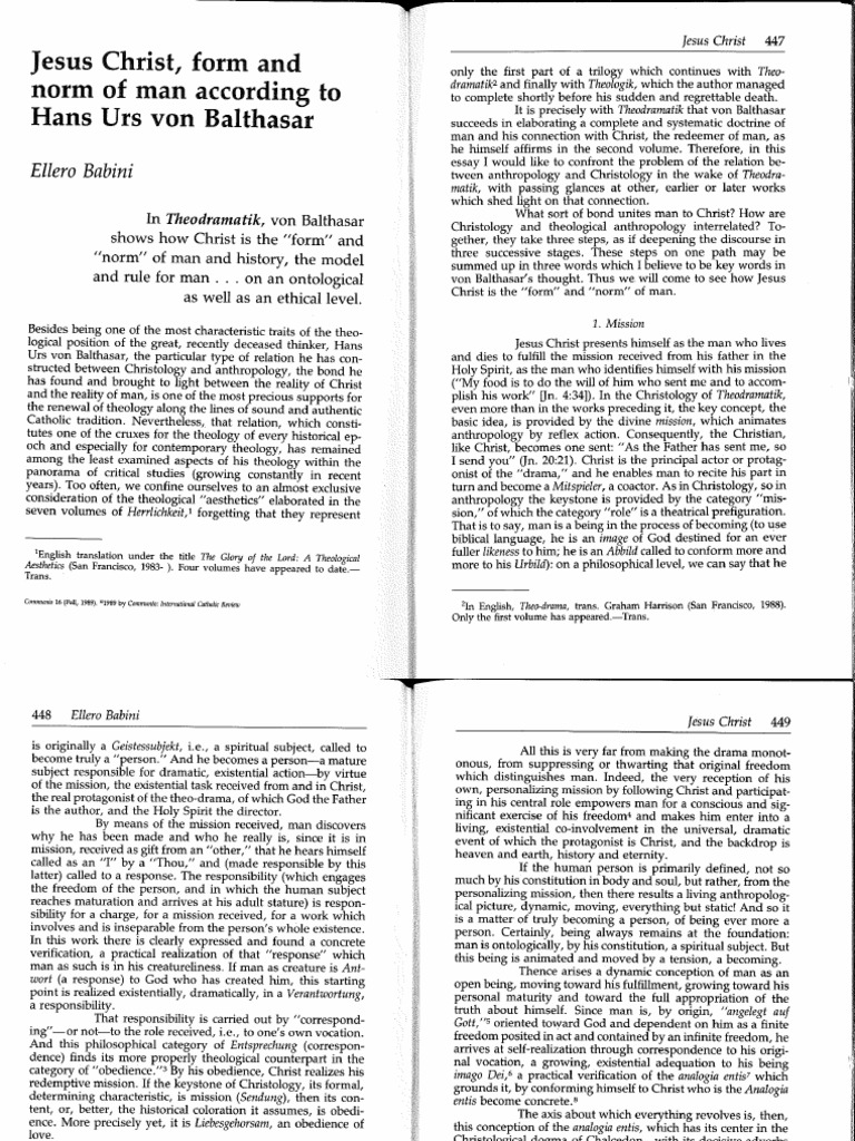 BABINI, ELLERO Jesus Christ, Form and Norm of Man According To Hans Urs ...