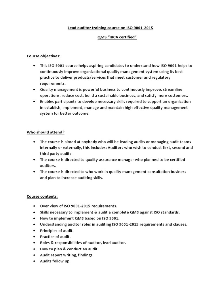 Lead Auditor Training Course On ISO 9001 | PDF
