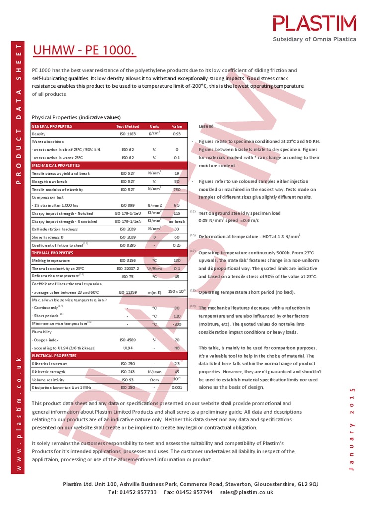 UHMWPE PE1000 Technical Data Sheet | PDF | Strength Of Materials | Deformation (Engineering)