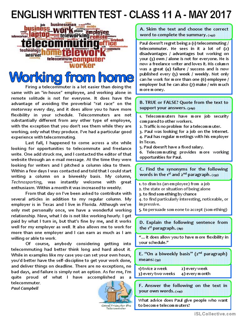 WORKING FROM HOME - B1 - B2 Test | PDF | Employment | Economies