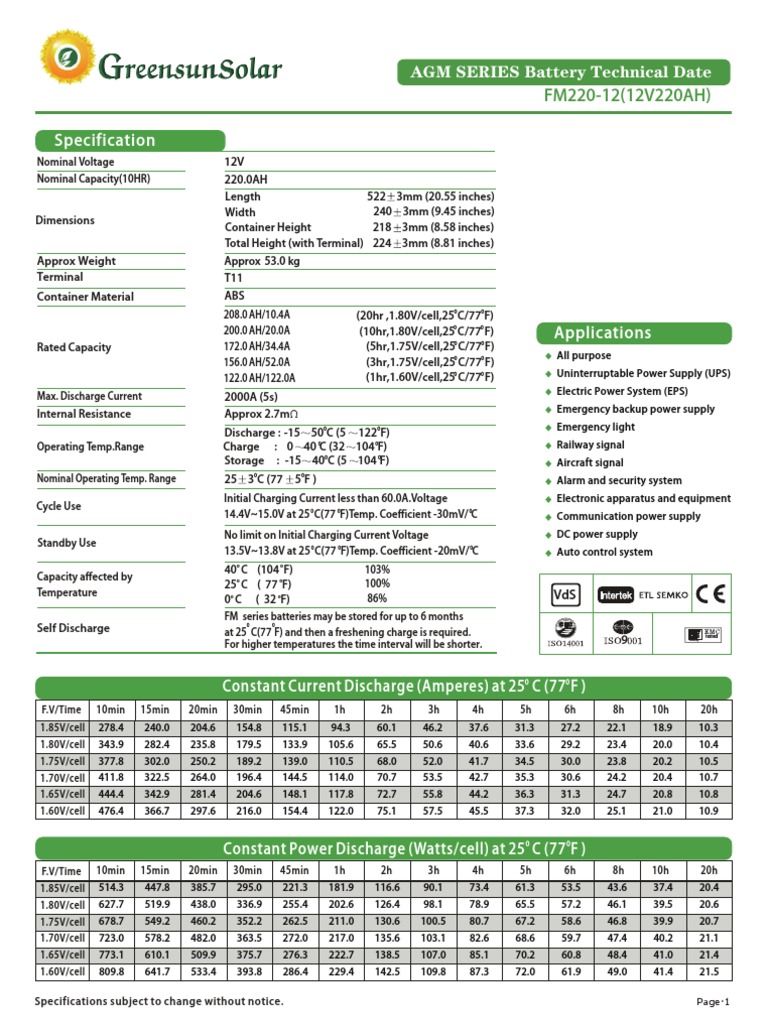 AGM 12v 220ah Battery Datasheet | PDF | Power Supply | Rechargeable Battery