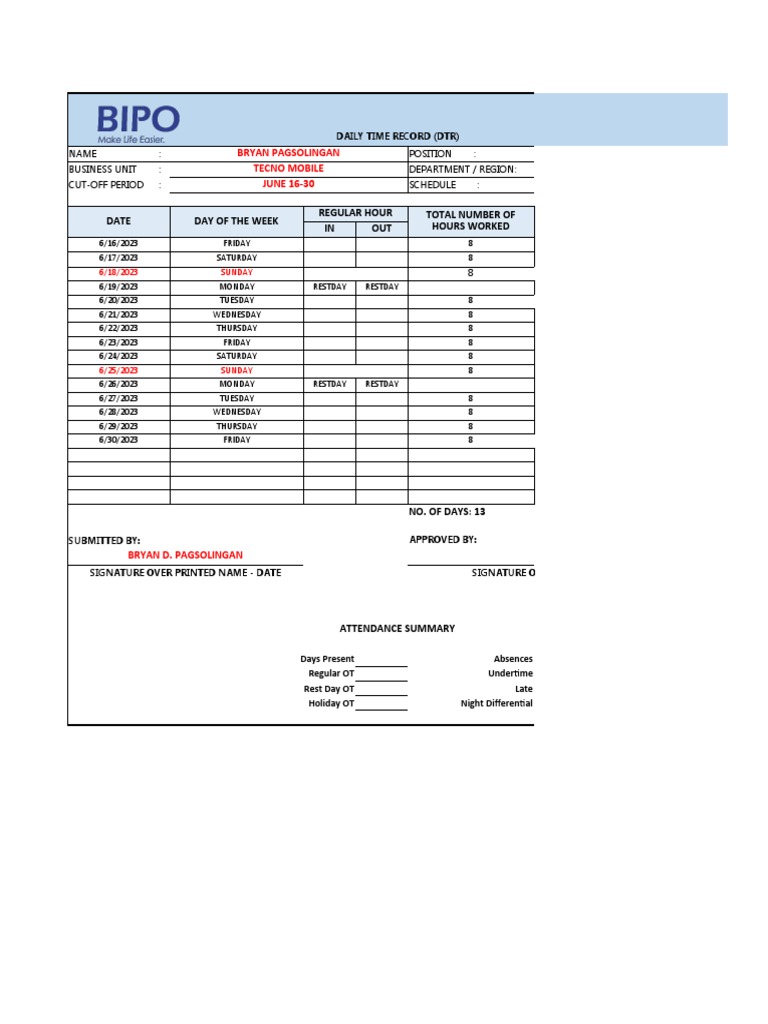 Sample DTR | PDF Sample DTR | PDF
