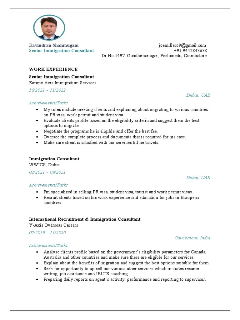 ResumeS Ravindran | PDF | Travel Visa | Immigration
