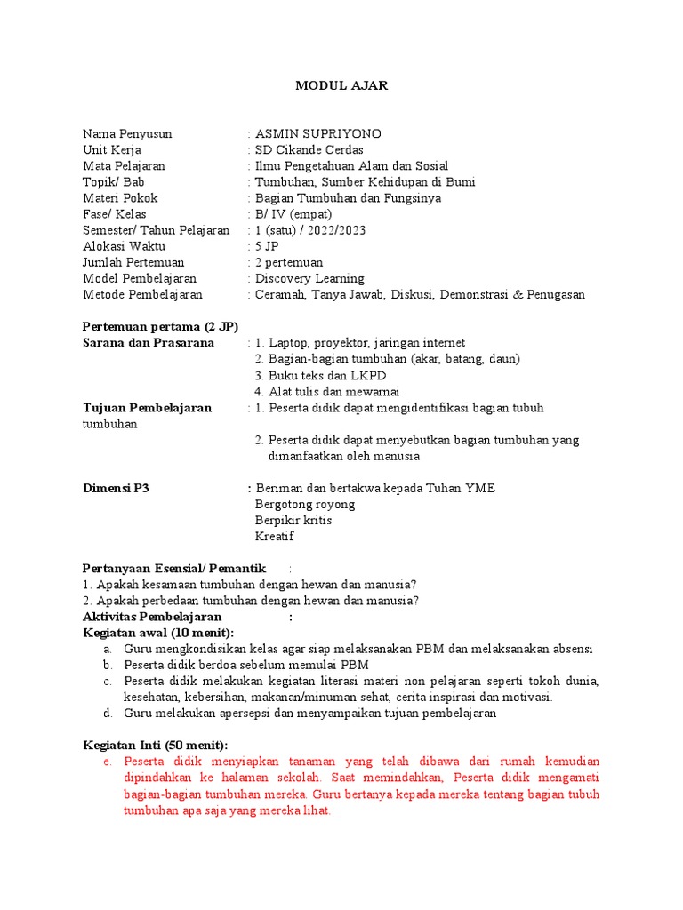 Modul Ajar IPA Kelas 3: Tumbuhan | PDF | Sains & Matematika