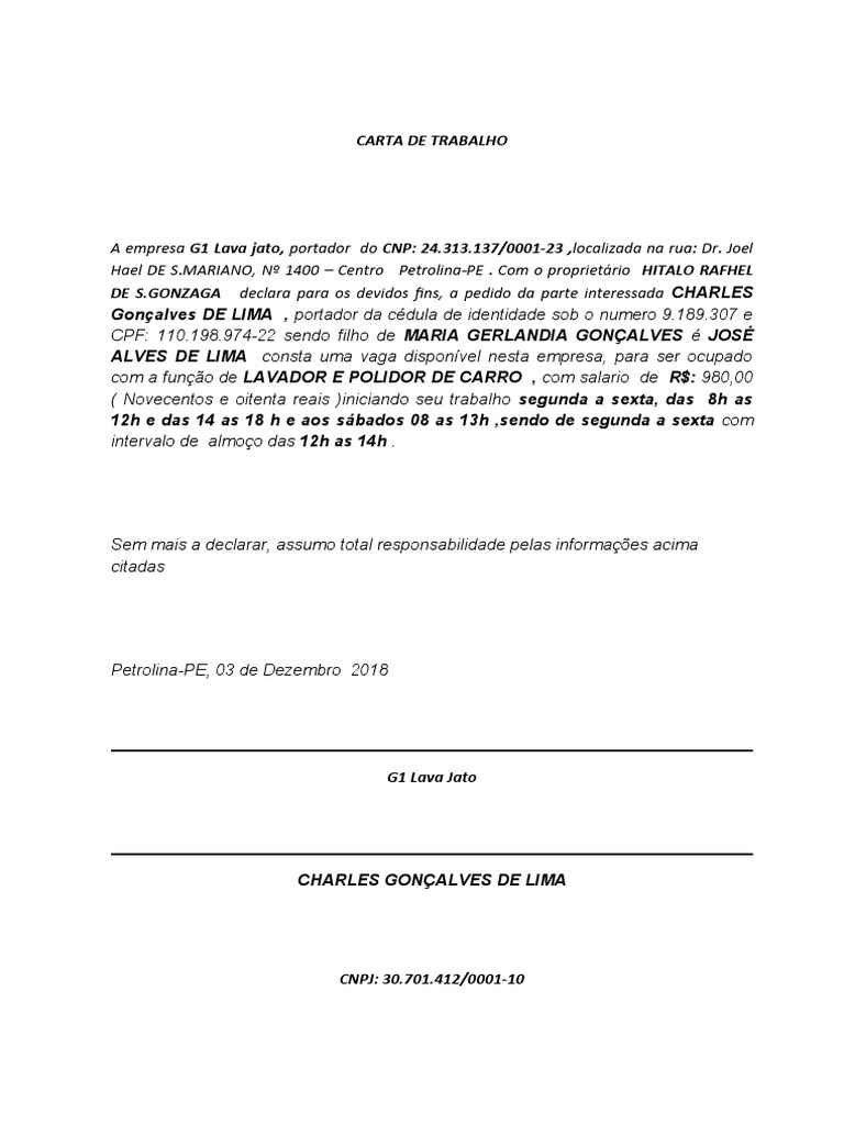 Carta de Trabalho | PDF