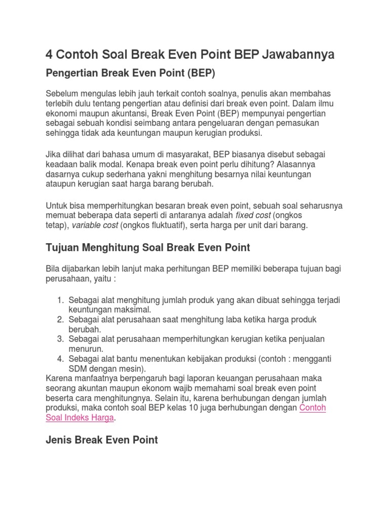 4 Contoh Soal Break Even Point BEP Jawabannya | PDF
