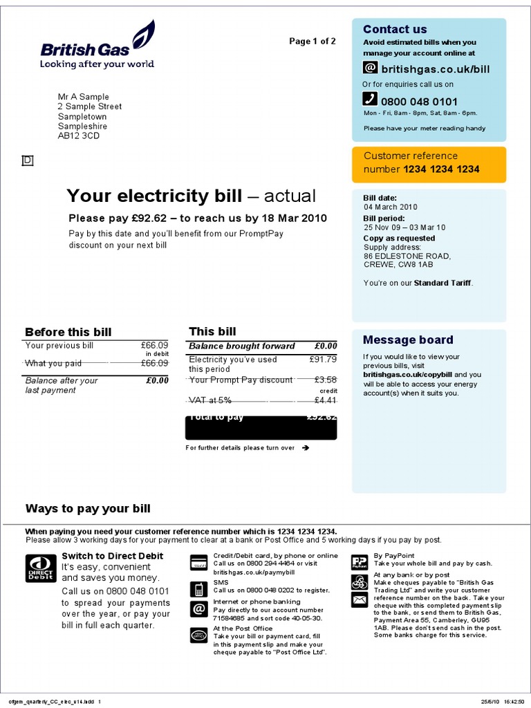 Sample UK Electricity Bill Template | PDF