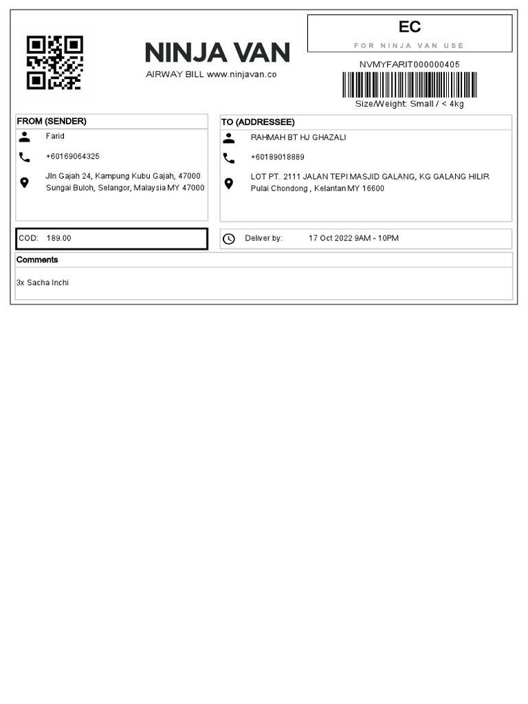 AIRWAY BILL WWW - Ninjavan.co NVMYFARIT000000405: From (Sender) To ...