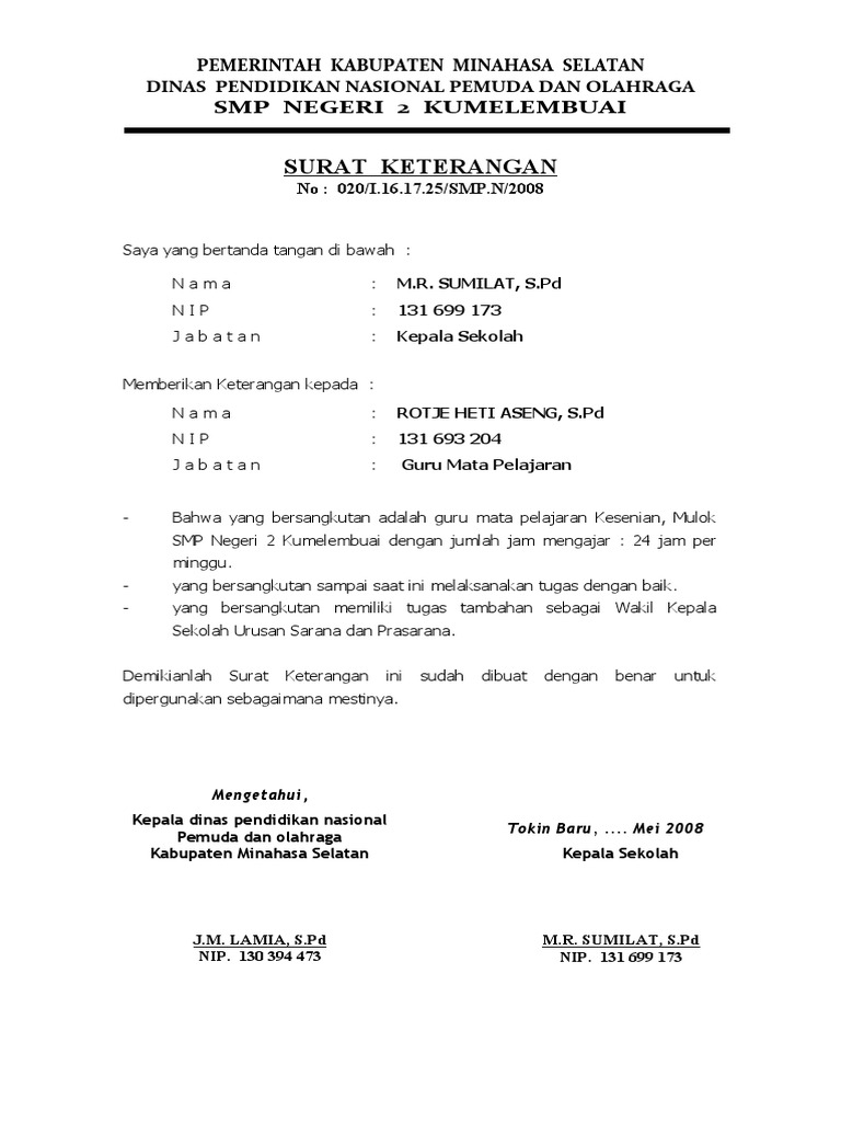 Surat Keterangan Kepsek | PDF