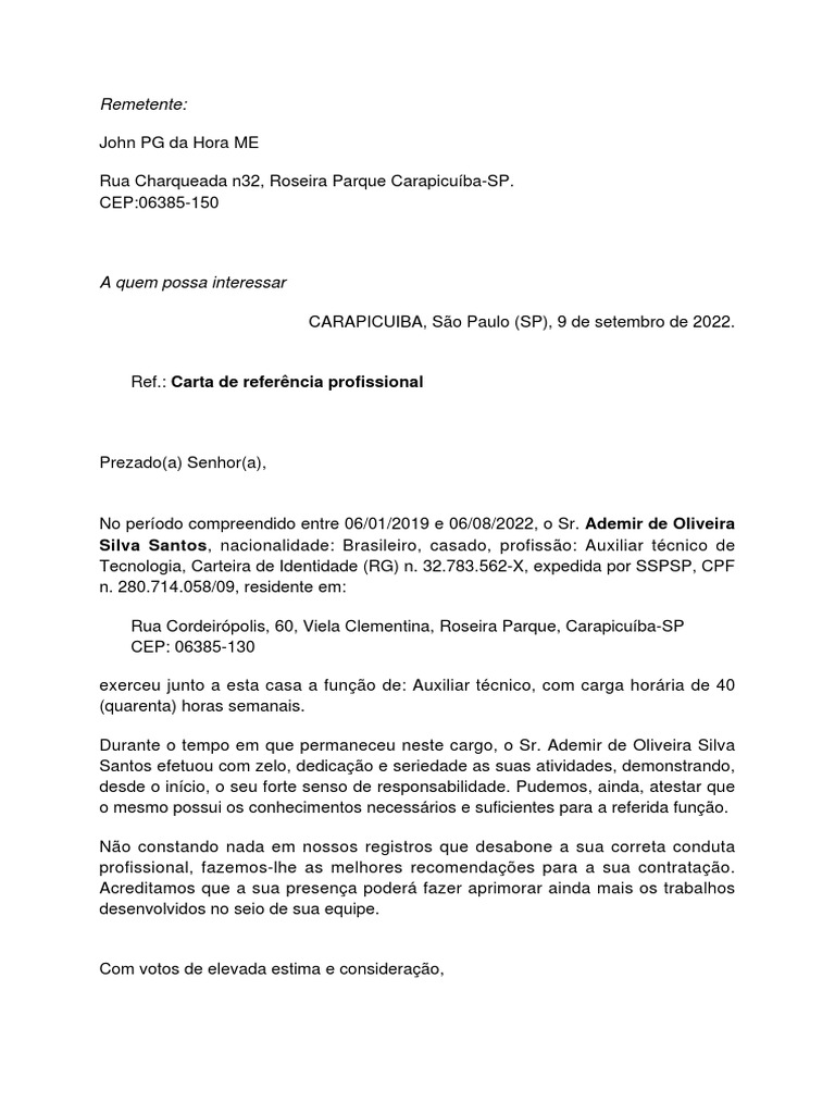 Carta De Referencia Profissional 2023 PDF