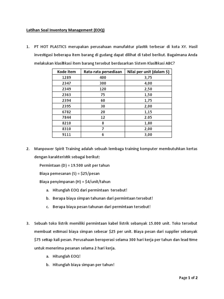 Latihan Soal Inventory Management (EOQ) | PDF