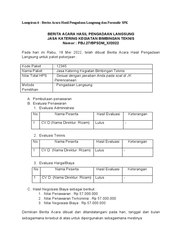 Lampiran 6 - Dokumen Berita Acara Pengadaan Langsung dan Formulir SPK | PDF