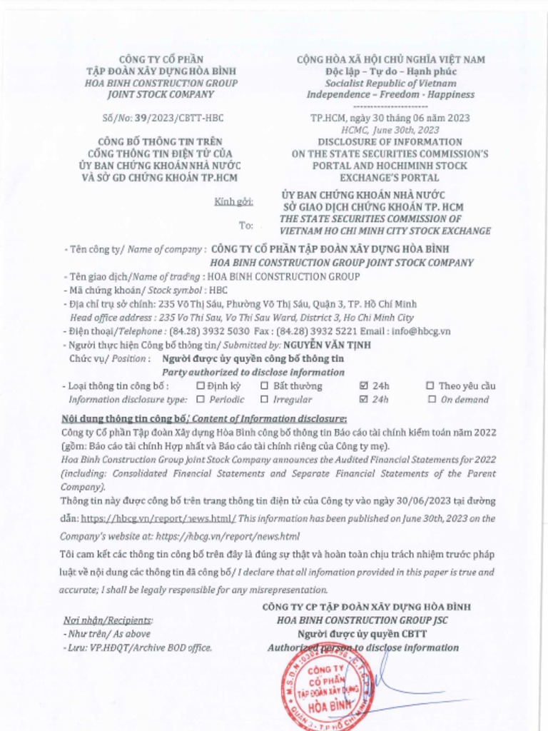 CBTTHBCBao Cao Tai Chinh Kiem Toan 2022 Hop Nhat Signed | PDF